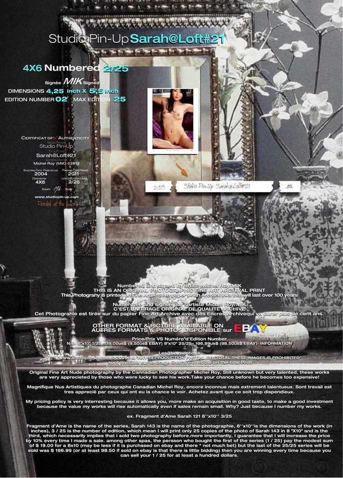 Fine Art Nude Photo "Sarah@Loft#21" 8x10 Sign Mik & Num 5/25 Asia ...