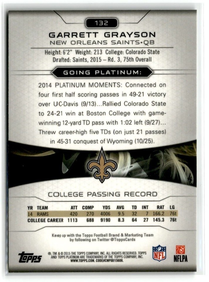 Garrett Grayson RC New Orleans Saints 2015 Topps Platinum #132 | eBay