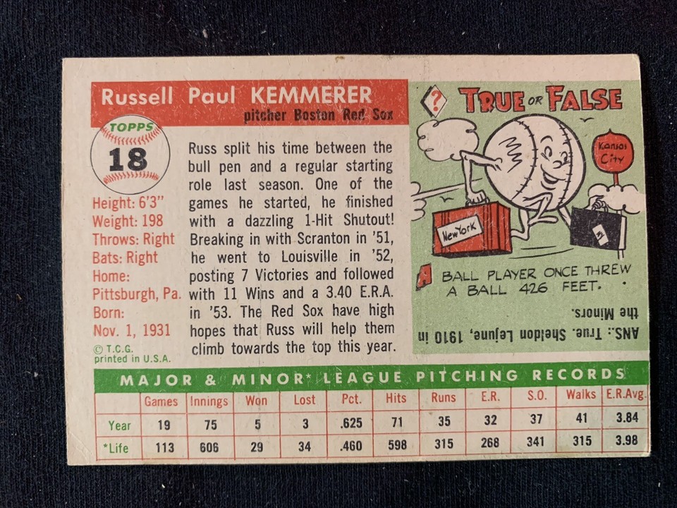 RUSS KEMMERER 1955 Topps CARD# 18 BOSTON RED SOX VG Condition | eBay