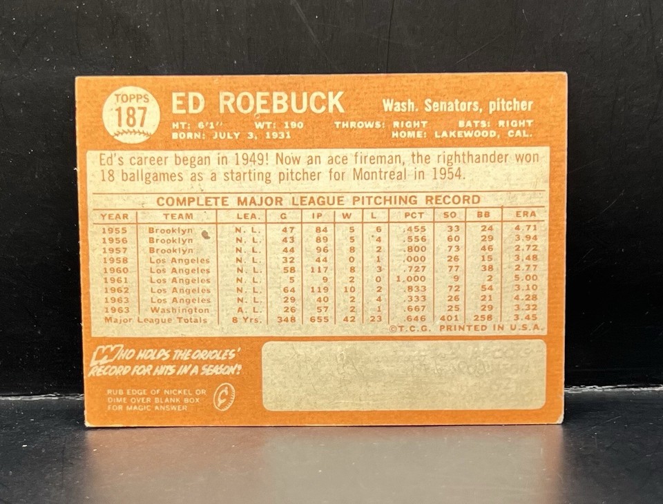 1964 Topps #187 Ed Roebuck Washington Senators | eBay