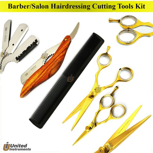 Beauty Gold Barber Hair Mustache Scissors Shear Shaving Razor and Comb ...