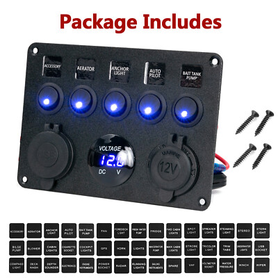 12V LED 5 Gang On/Off Rocker Switch Panel Car Truck Boat Marine Inline ...