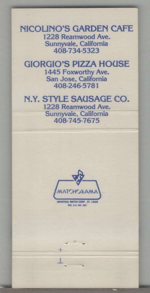 Matchbook Cover - Pizza Place Frankie Johnnie & Luigi Too Pizza ...