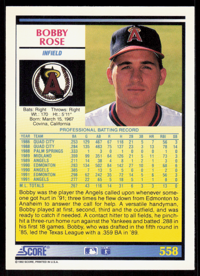 1992 Score 558 Bobby Rose California Angels | eBay