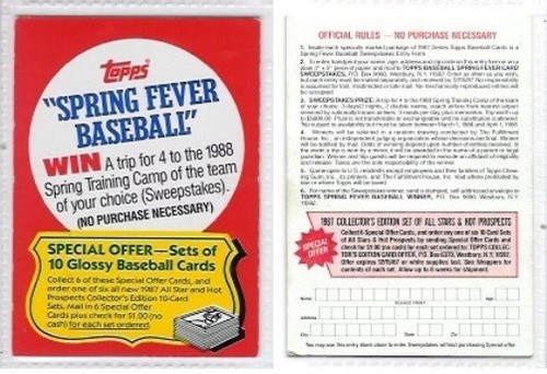 1987 TOPPS SPRING FEVER BASEBALL SWEEPSTAKES GAME CARD | eBay