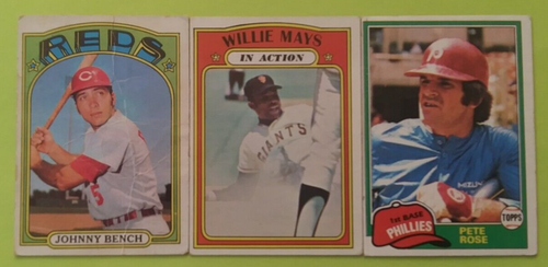 3-Card lot 1972/1981 Topps Baseball (Johnny Bench/Willie Mays/Pete Rose ...