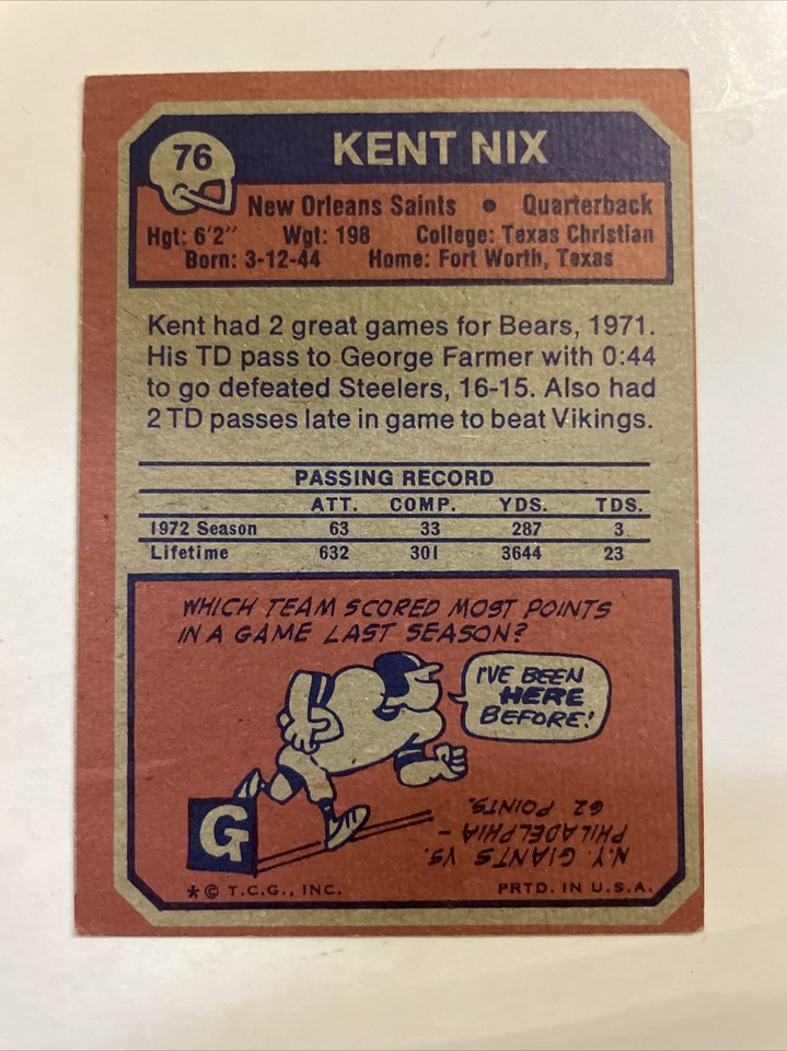 1973 Topps Kent Nix Autographed Card #76 New Orleans Saints A-102 | eBay