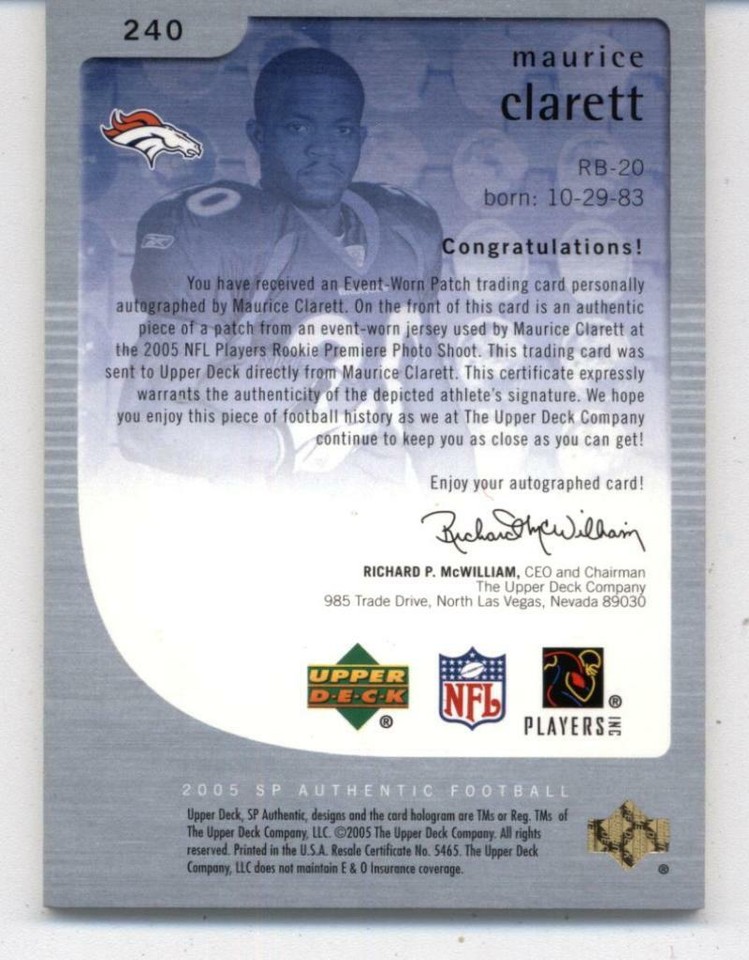 2005 SP Authentic Gold #240 Maurice Clarett Broncos NM-MT (Memorabilia ...