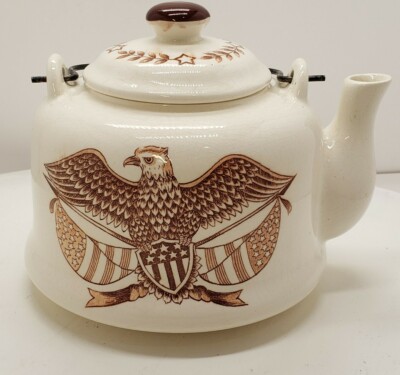 VTG 7 1/2" AMERICAN BROWN EAGLE-SHIELD-FLAGS METAL HANDLED TEA KETTLE ...