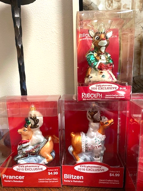 2010 CVS Exclusive Hand Crafted Glass Ornaments Santa's Reindeer Set of ...