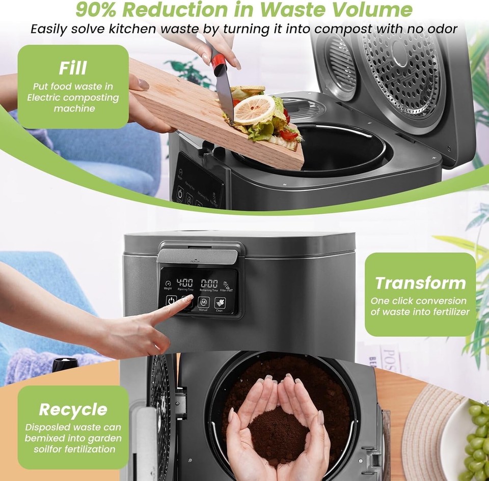 Electric Kitchen Composter, 4L Large Capacity Smart Indoor Compost Bin ...