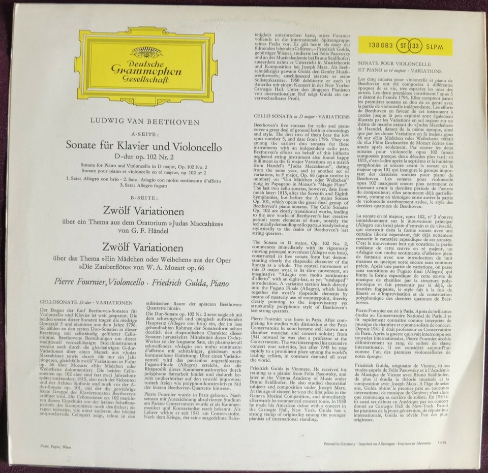 FOURNIER GULDA BEETHOVEN CELLO SONATAS LP DGG STEREO TULIP SLPM 138 083 ...