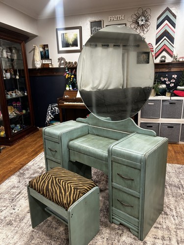 Antique Art Deco Waterfall Mirror Vanity Dresser +Bench 1930s Bakelite ...