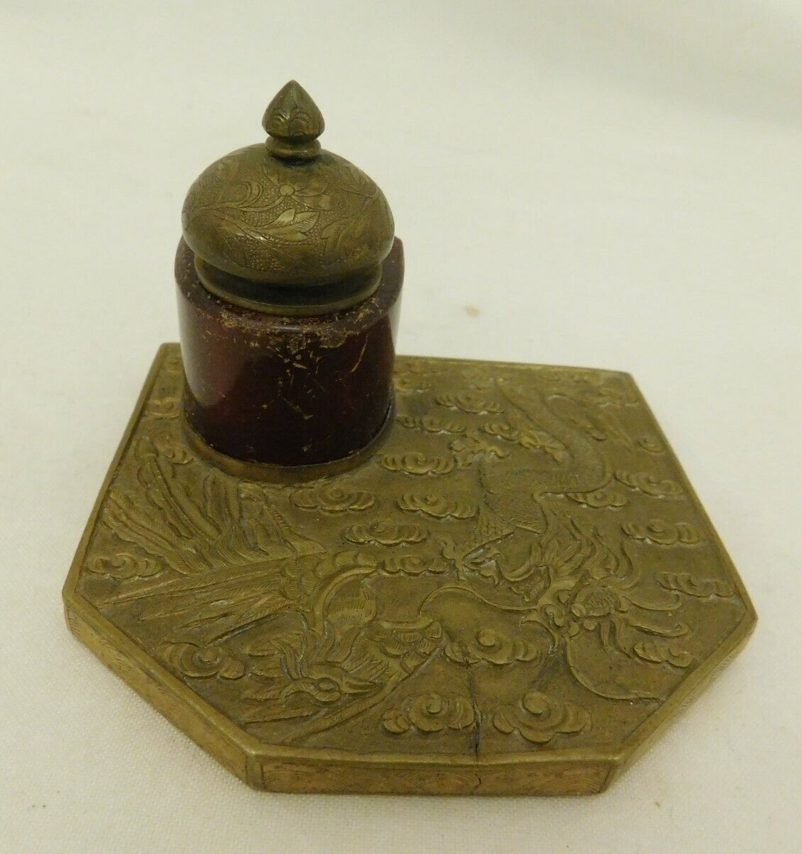 ANTIQUE 4 TOED DRAGON INKWELL AMBER BAKELITE ORNATE ENAMELED | eBay