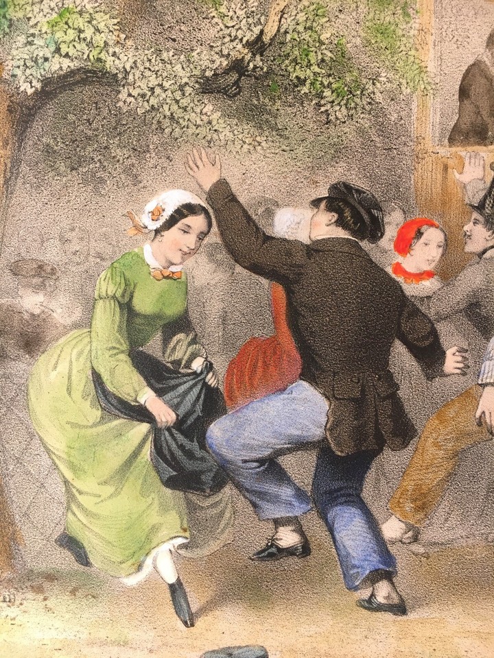 Hand-Colored Lithograph Teichel Dancing People Music Band Dog Party ...