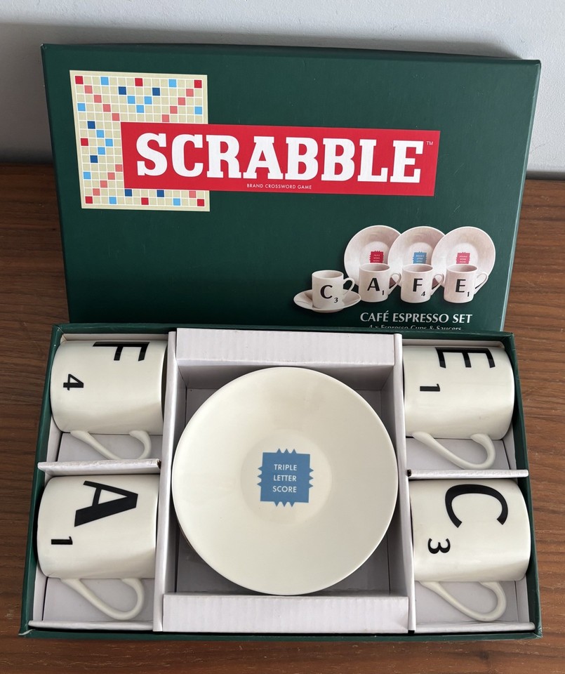 Scrabble Café Espresso Set - 4 Espresso Cups & Saucers in Gift Box ...