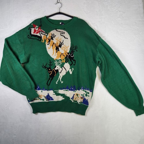 Vtg Ron Chereskin Ugly Xmas Sweater M Green Santa Sleigh Reindeer Moon ...