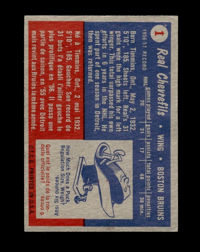 1957-58 Topps Set-Break # 1 Real Chevrefils VG-VGEX (crease) *GMCARDS ...