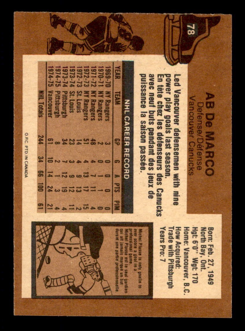 1975 OPC O-Pee-Chee Hockey #78 Ab Demarco EX/MT *e1 | eBay