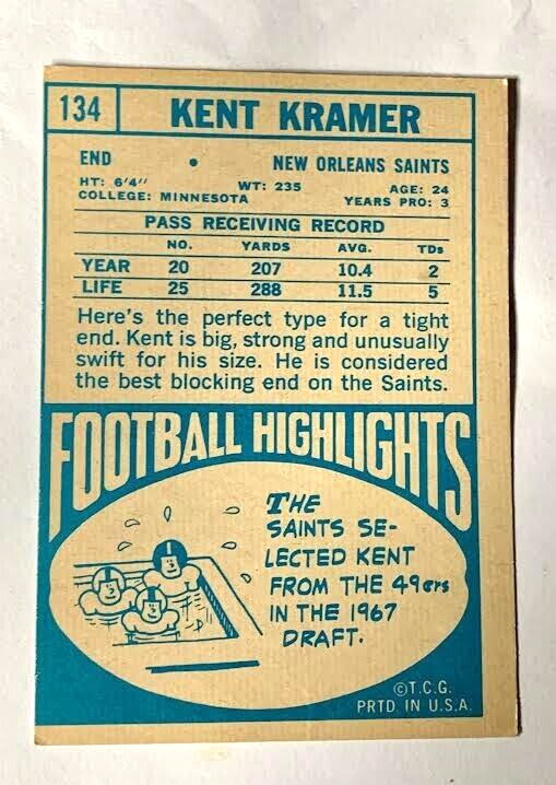 1968 TOPPS KENT KRAMER # 134 NEW ORLEANS SAINTS VG-EX | eBay