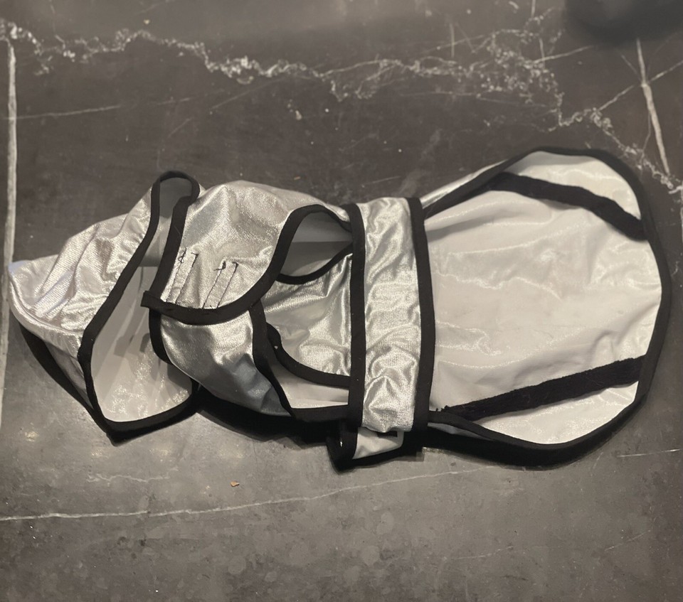 DOG DOGGIE HOODIE RAINCOAT METALLIC SILVER BLACK TRIM SIZE SMALL | eBay