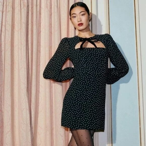 REFORMATION Terri Black Polka Dot Selene Mini Dress S… - Gem