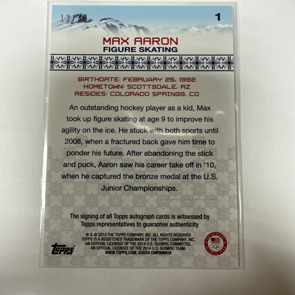 2014 Topps US Olympics, Autograph Max Aaron #1 Auto Silver /30 Figure ...