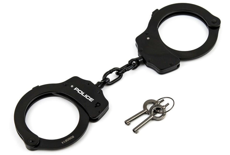 POLICE Handcuffs Double Lock Steel Heavy Duty Metal Chain Professional ...