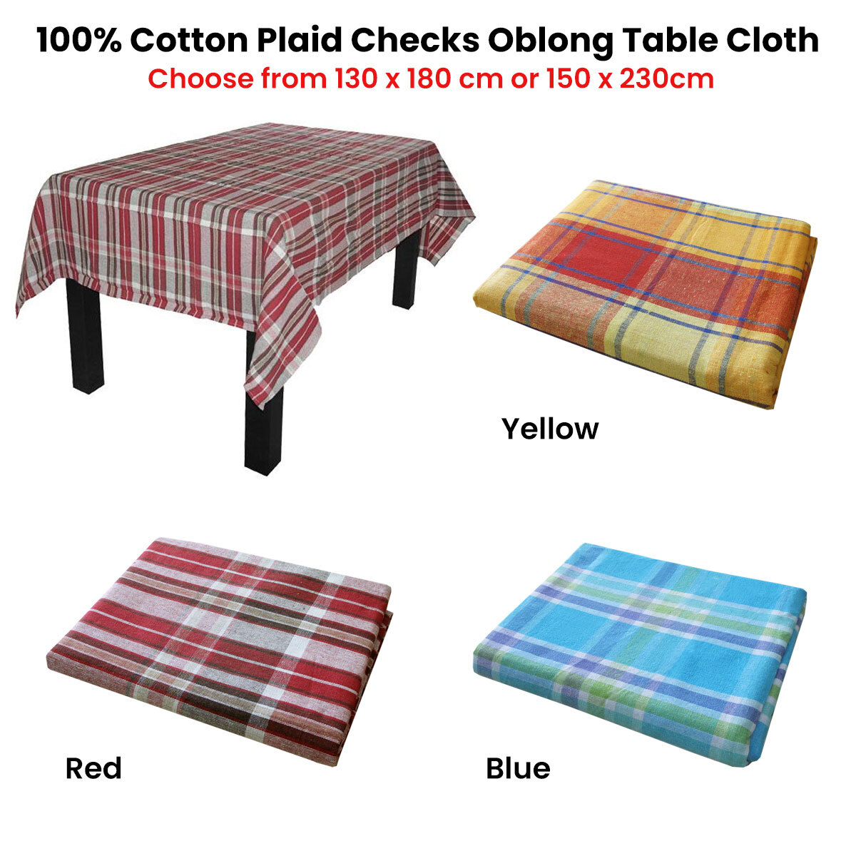 Cotton Plaid Checks Oblong Table Cloth Yellow 130 x 180cm Assorted ...