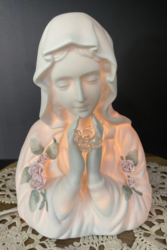 Vtg Roman Bisque Porcelain Virgin Mary Madonna w/ Rose Lamp Night Light ...