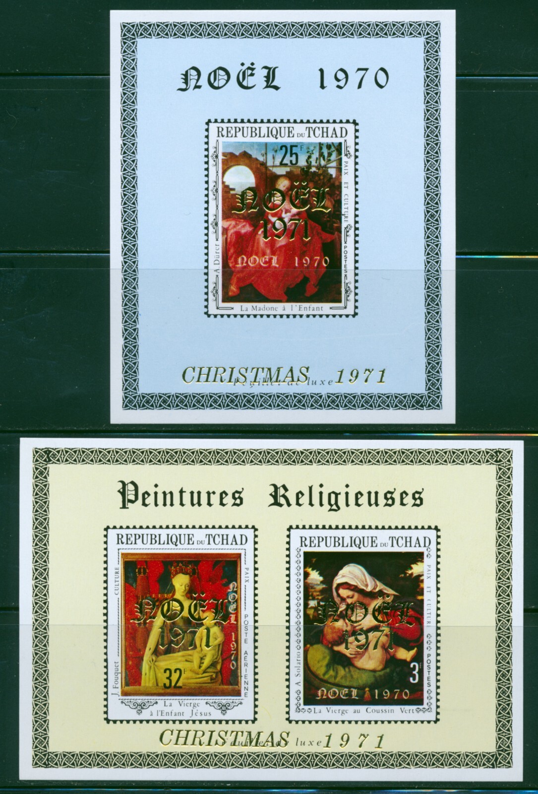 CHAD 1971 (2 MINIATURE SHEETS) SCT 227G-I WITH NOEL 1971 GOLD OVERPRINT ...