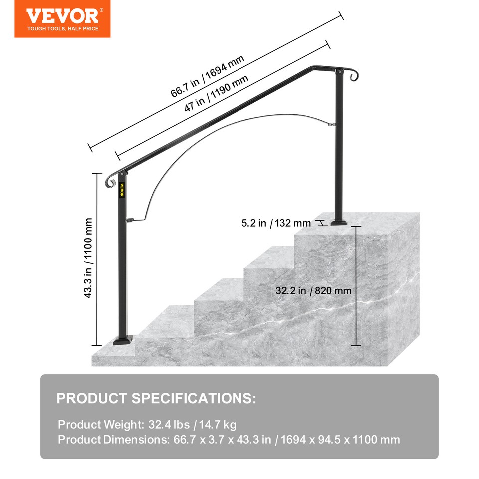 VEVOR Wrought Iron Handrail Fits 4 or 5 Steps Powder Coating Black ...