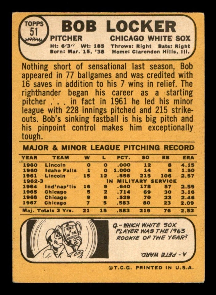1968 Topps Baseball #51 Bob Locker VG *e3 | eBay