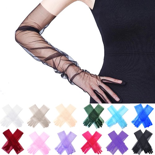 Ladies Sheer Long Full Finger Tulle Arm Length See Through Gloves Mesh ...