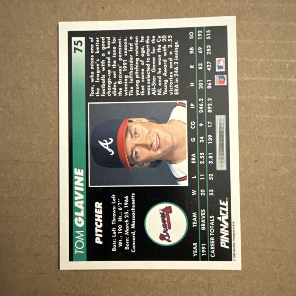 1992 Pinnacle Baseball Tom Glavine #75 Atlanta Braves Mint | eBay
