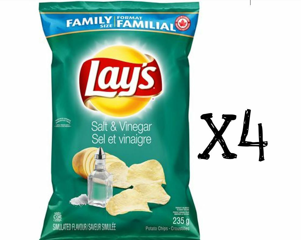 4x Bags Lays Salt & and Vinegar Chips LARGE Family Size 235g Canada ...