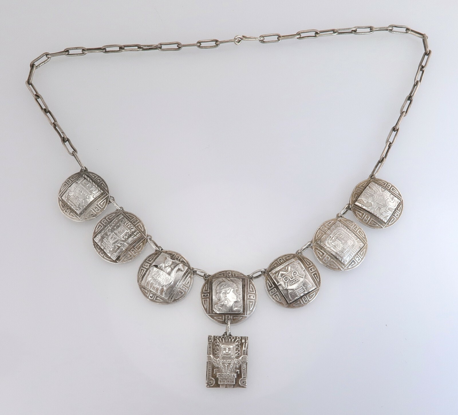 Vintage 925 Sterling Silver Inca Style Medallion Pendant 16" Necklace ...