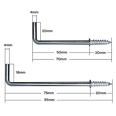 Square L Shaped Screw Hooks 50mm / 75mm Cup Dresser Shouldered Screw in ...