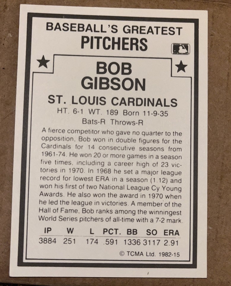 1982 TCMA Baseball's Greatest Pitchers #15 BOB GIBSON St. Louis ...
