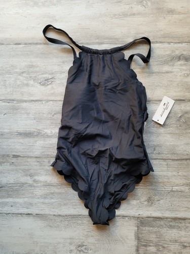 BEACH JOY Bikini Swimsuit One Piece High Neck Scallop S small Black ...