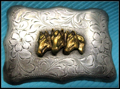 Solid Sterling Silver Hand Engraved 3 HORSE HEADS Belt Buckle SIL-TIP ...