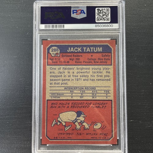1973 Topps Football #288 Jack Tatum Rookie Oakland Raiders PSA 7 ...