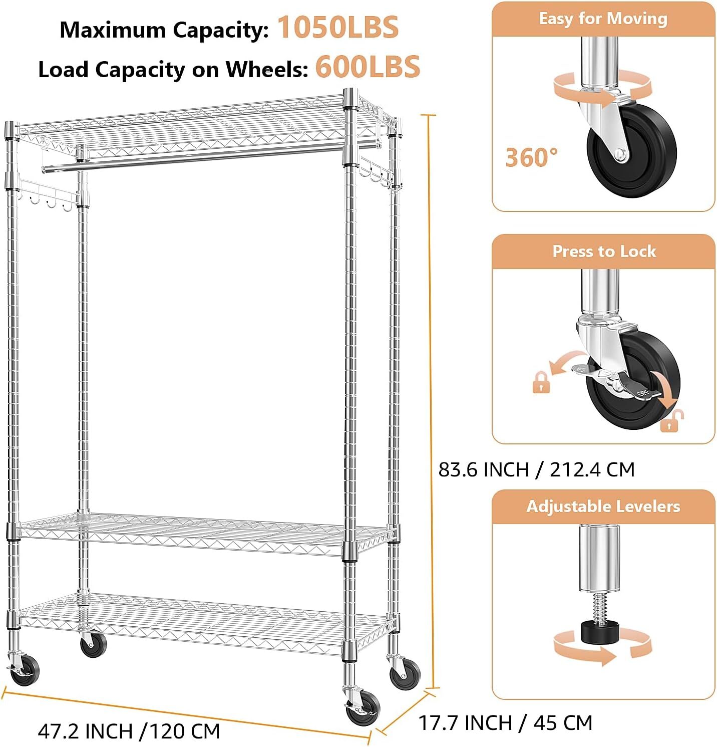 3 Tier Rolling Garment Rack 1 Rod Heavy Duty Clothes Rack Wheels Chrome ...