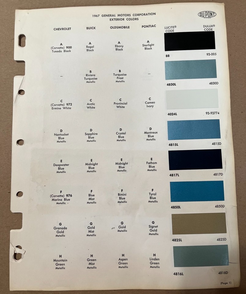 1967 Pontiac Chevy Camero Firebird GTO Exterior and Interior Color ...