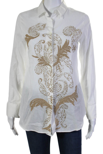 Etro Women's Collared Long Sleeves Button Down Embroidered Shirt White ...