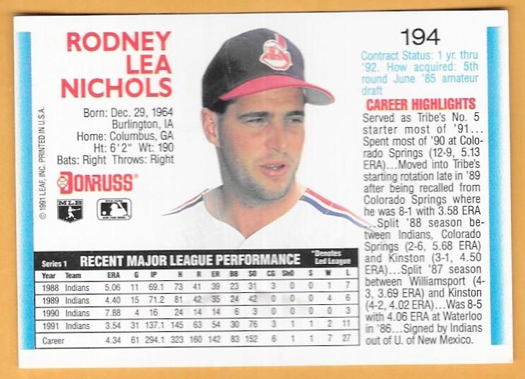 ROD NICHOLS CLEVELAND INDIANS #194 - DONRUSS NM-MT 1992 | eBay