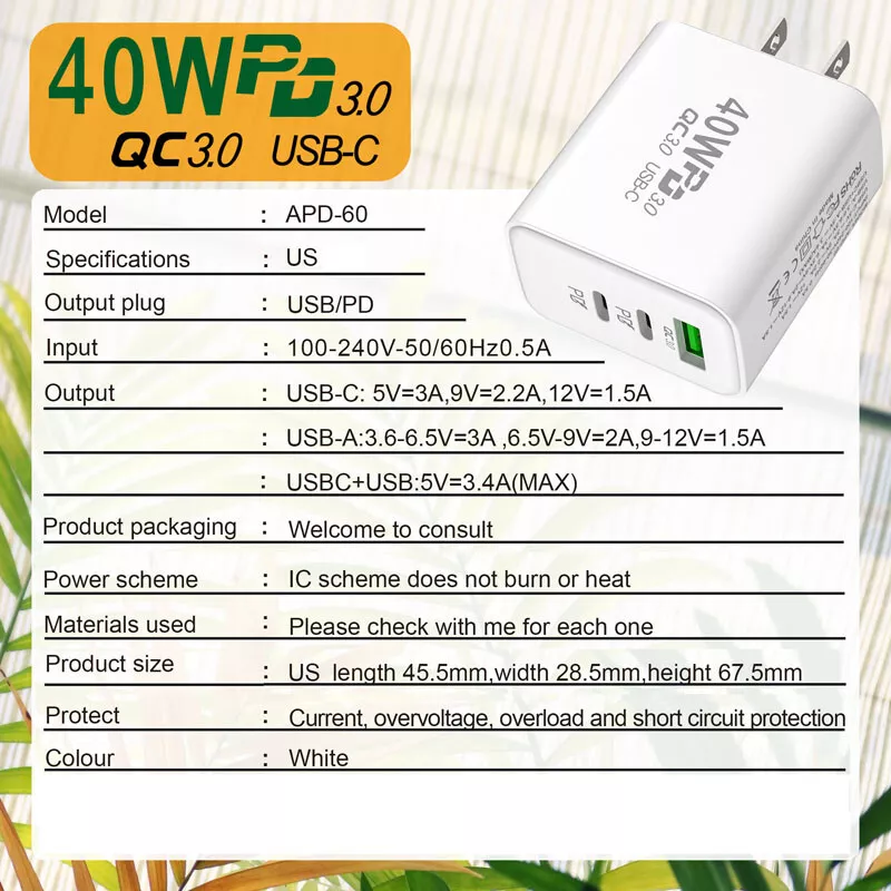 Dual PD 40W Fast Wall Charger Power Adapter iPhone 16 Pro Max 15 14 13 ...