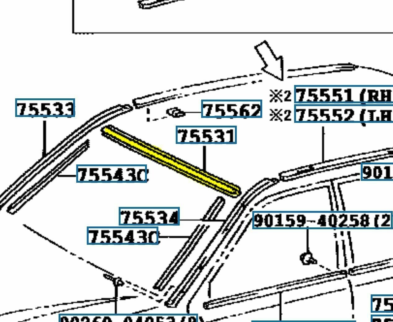 75531-60030 Genuine Toyota Moulding Windshiled Upper Outer 7553160030 ...