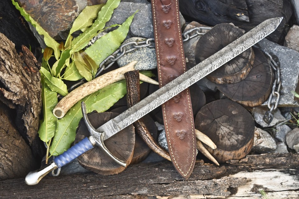 Ashen Edge Custom Twist ATS-34 Steel Sword Leather Wrapped Damascus ...