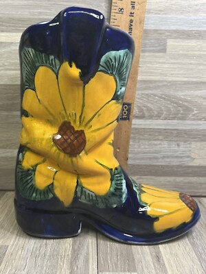 Mexican Pottery Hand Painted Sunflower Cowboy Boot 8" Tall Made In ...